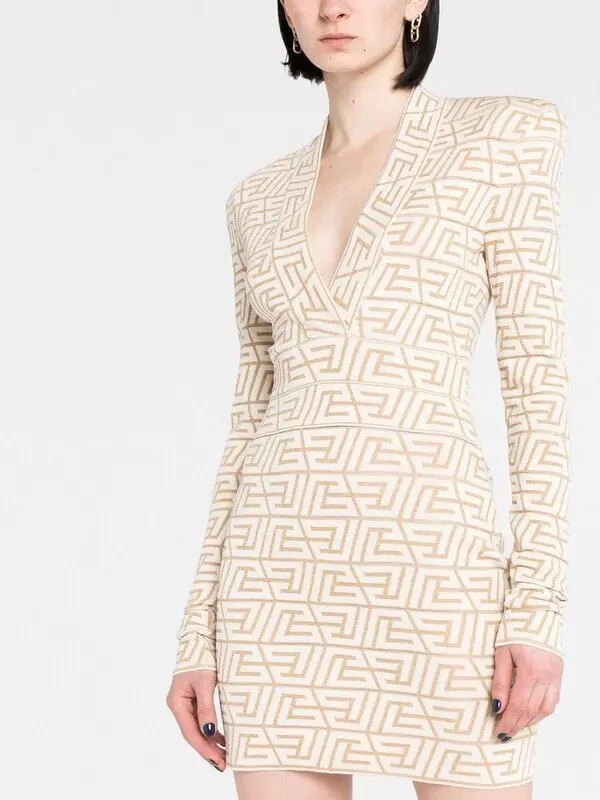 Balmain Monogram-jacquard Mini Dress - Neutrals