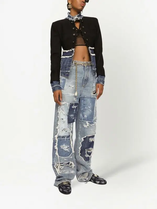 Dolce & Gabbana Distressed Patchwork Wide-Leg Jeans In Blue - 40