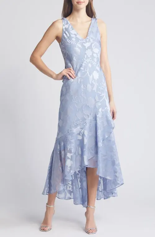 sachin and babi light blue dress Alex Evenings Metallic Floral High-Low Chiffon Jacquard Midi Dress With  Jacket - Hydrangea
