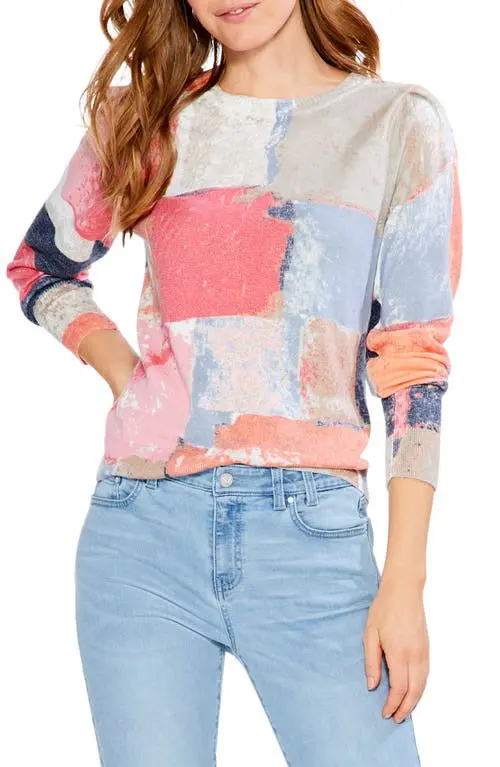 NIC+ZOE Cotton Blend Geo Print Crewneck Sweater - Pink Multi