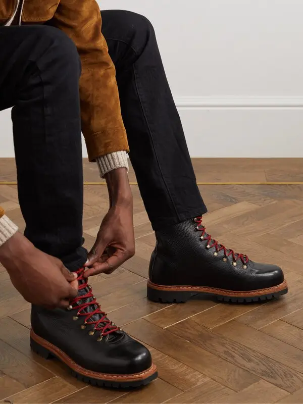 George Cleverley Ernest Shearling-Lined Cross-Grain Leather Lace-Up Boots  In Black - 40% Off | Editorialist