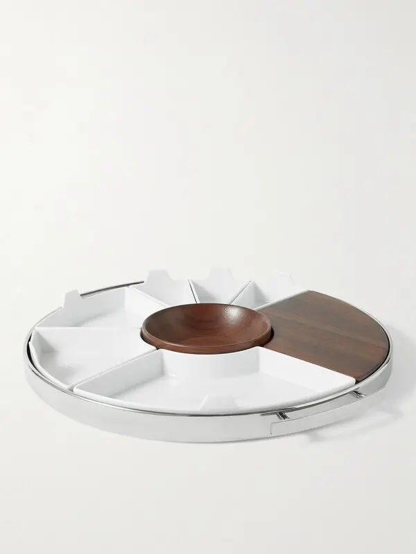 Christofle Mood Party Stainless Steel, Walnut And Porcelain Tray - Silver