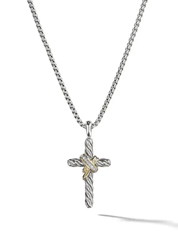 David Yurman 14kt Yellow Gold And Sterling Diamond Cross Pendant Necklace - Silver