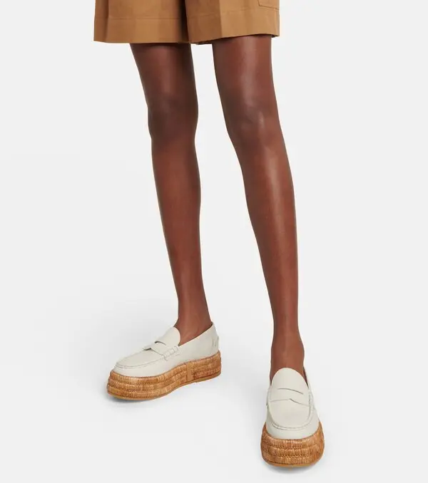 TOD'S Leather And Raffia Platform Loafers