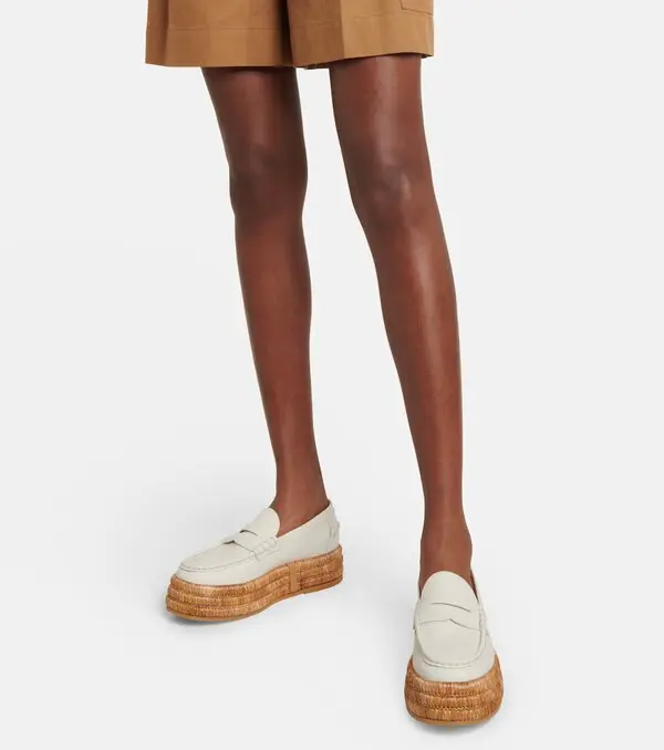 TOD'S Leather And Raffia Platform Loafers