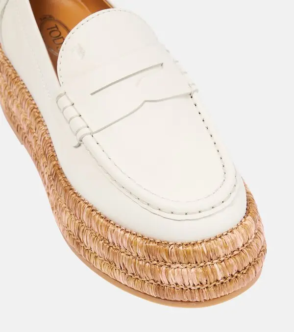TOD'S Leather And Raffia Platform Loafers