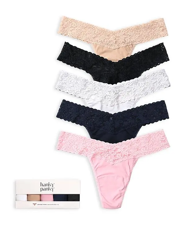 Hanky Panky Cotton Low Rise Thongs, Set Of 5 - Black/white/chai/bliss/navy