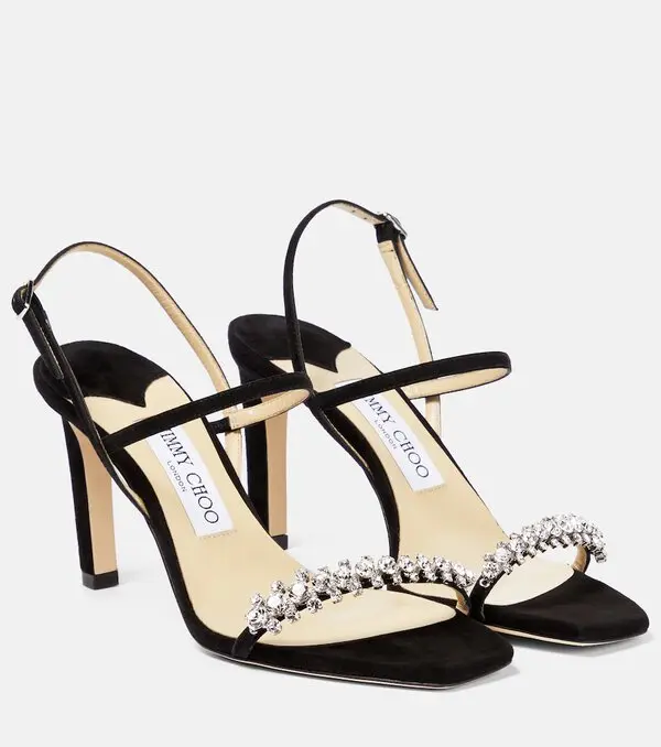 JIMMY CHOO Meira 85 Embellished Suede Sandals - Black