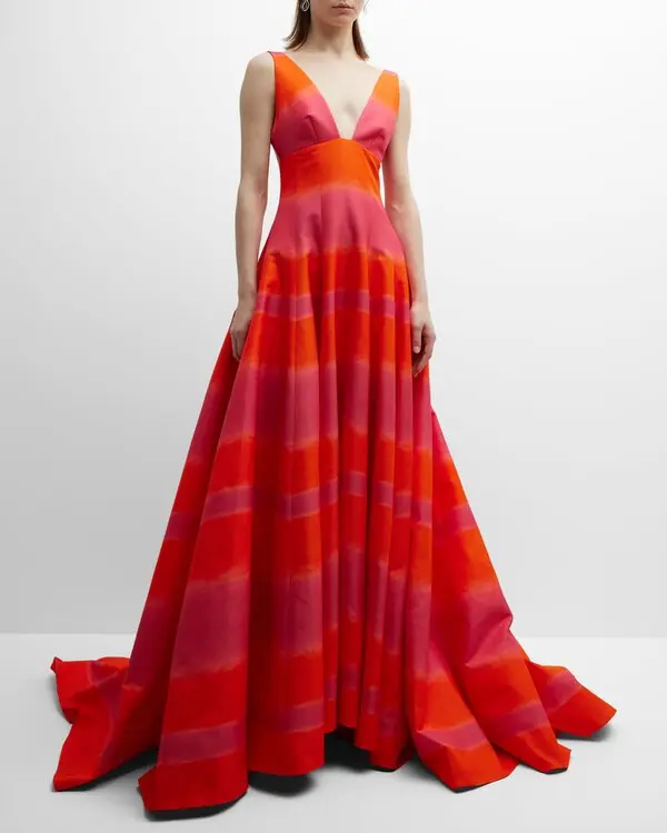 Brandon Maxwell Striped Plunging Ball Gown In Orange Pop Pink L - Main Image