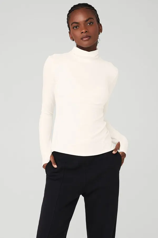 Alo Yoga White Cropped Turtleneck Top Alo Amelia Long Sleeve Crop