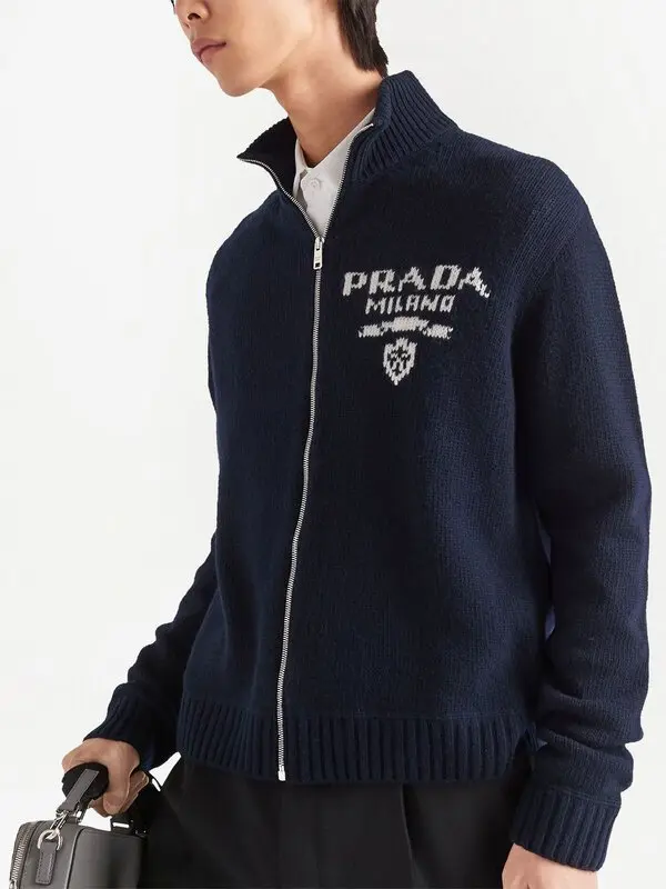 Prada Intarsia-Knit Logo Zip-Up Cardigan - F0008 Navy | Editorialist