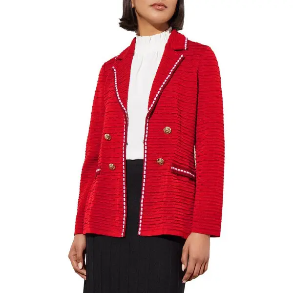 Ming Wang Textured Knit Blazer With Contrast Trim - Garnet/ Ivory/ Black