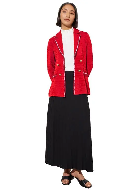 Ming Wang Textured Knit Blazer With Contrast Trim - Garnet/ Ivory/ Black