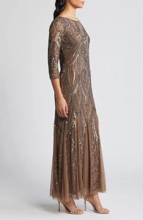 Pisarro Nights Beaded Illusion Neck Gown - Mocha