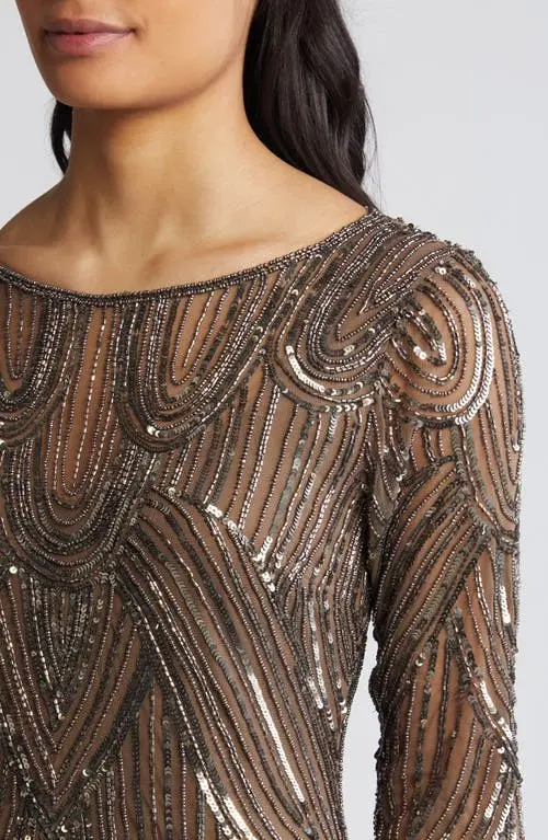 Pisarro Nights Beaded Illusion Neck Gown - Mocha