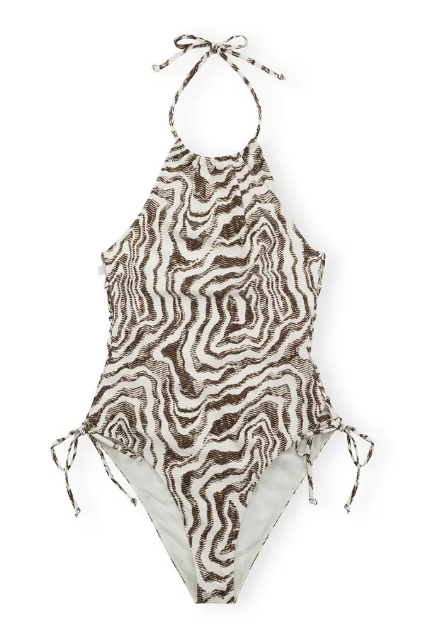 GANNI Recycled Printed Tieband Swimsuit - White