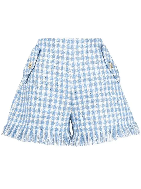 LEO LIN Tweed Houndstooth Fringed High-waisted Shorts