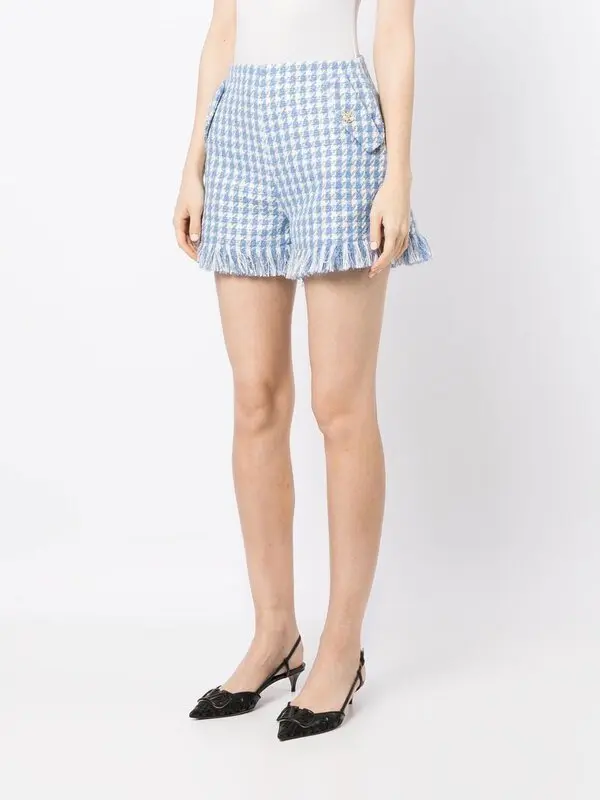 LEO LIN Tweed Houndstooth Fringed High-waisted Shorts