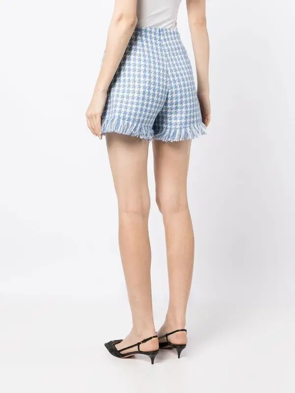 LEO LIN Tweed Houndstooth Fringed High-waisted Shorts
