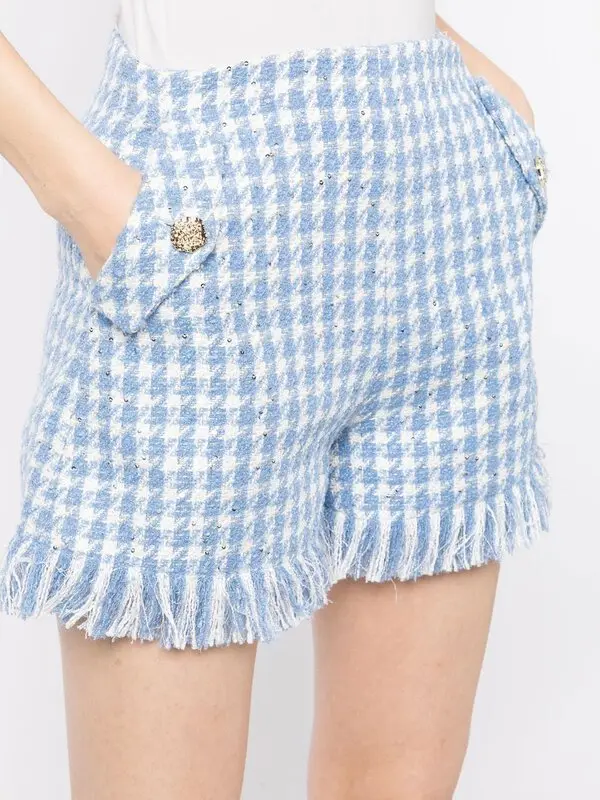 LEO LIN Tweed Houndstooth Fringed High-waisted Shorts