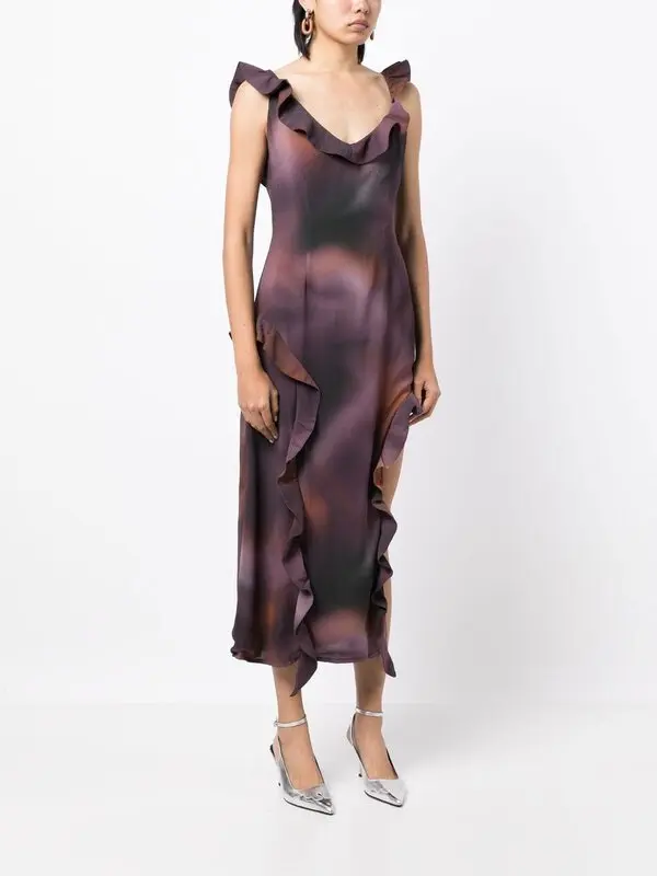 Rokh Abstract Ruffle Midi Dress - Brown