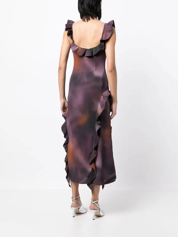 Rokh Abstract Ruffle Midi Dress - Brown