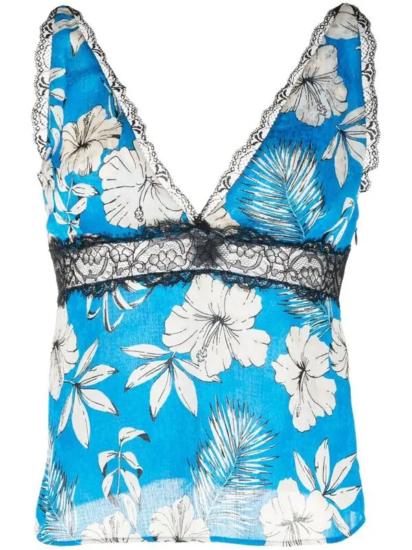Pinko Floral-print Lace-trimmed Top - Blue