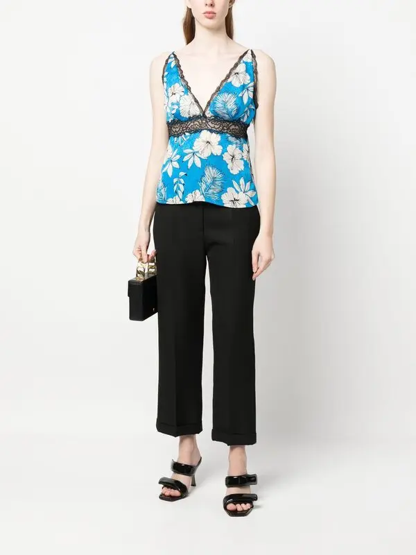 Pinko Floral-print Lace-trimmed Top - Blue