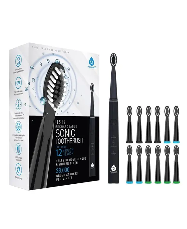 PURSONIC Usb Rechargeable Electric Toothbrush With 12 Brush Heads - Black