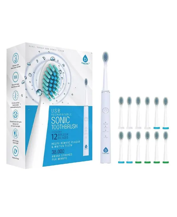 PURSONIC Usb Rechargeable Electric Toothbrush With 12 Brush Heads - White