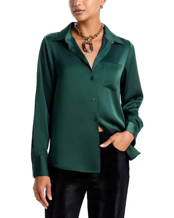 Aqua Satin Button-front Blouse - Evergreen