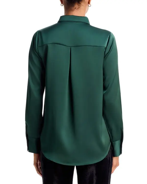 Aqua Satin Button-front Blouse - Evergreen