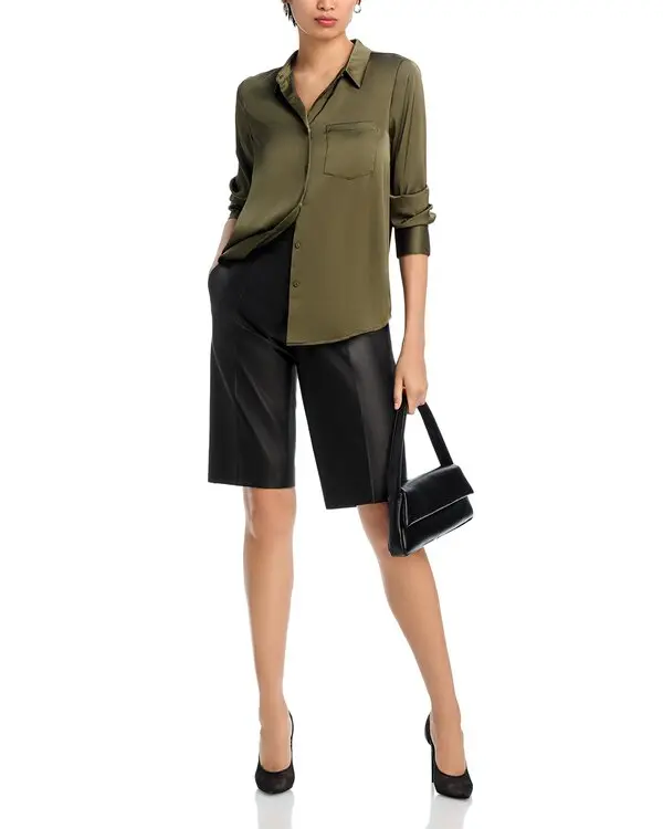Aqua Satin Button-front Blouse - Olive