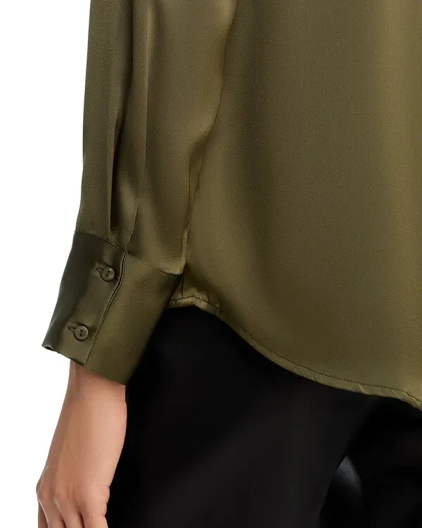 Aqua Satin Button-front Blouse - Olive