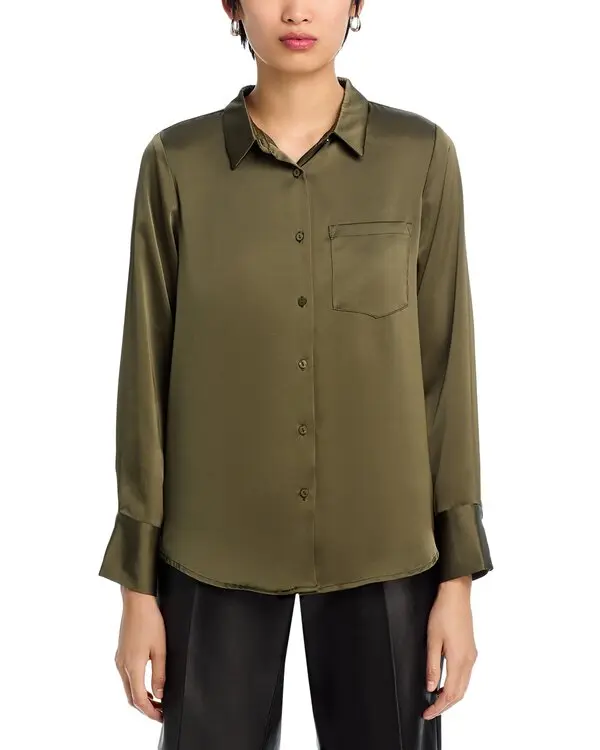Aqua Satin Button-front Blouse - Olive
