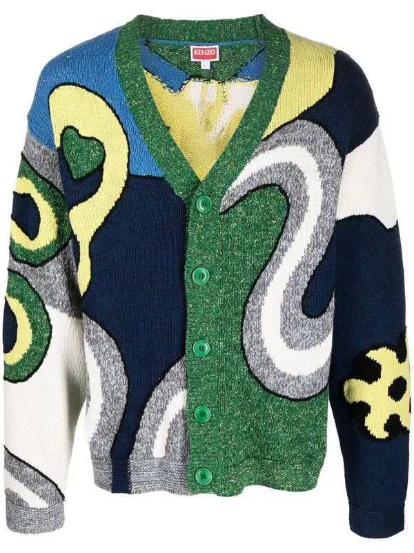 Kenzo Abstract-intarsia Knit Cardigan - Blue