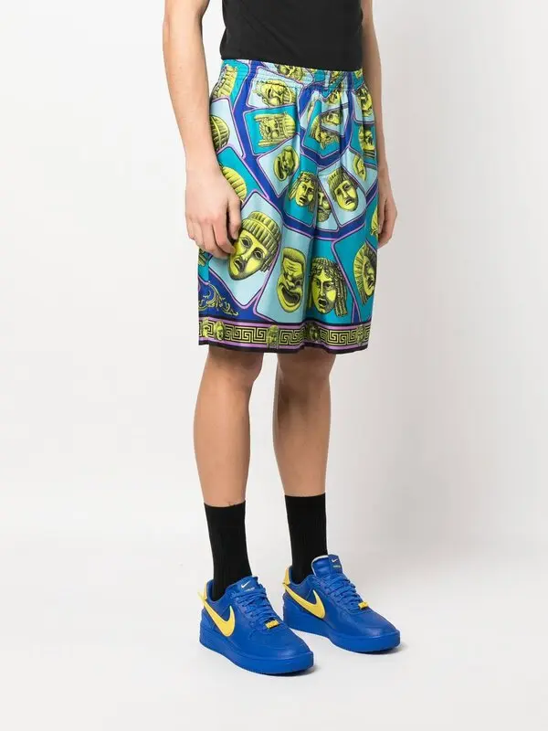 Versace Le Maschere Print Silk Shorts - Blue