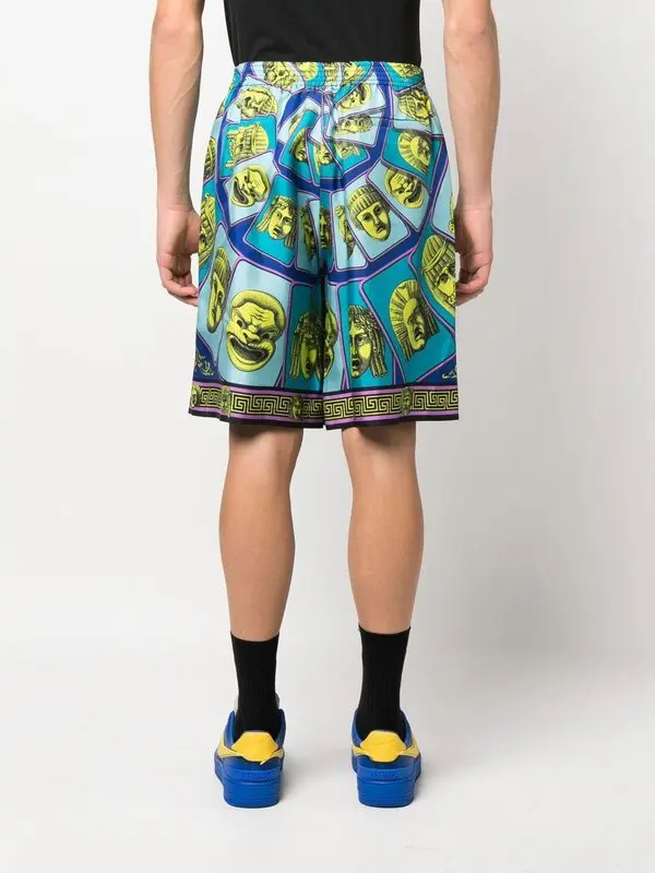 Versace Le Maschere Print Silk Shorts - Blue