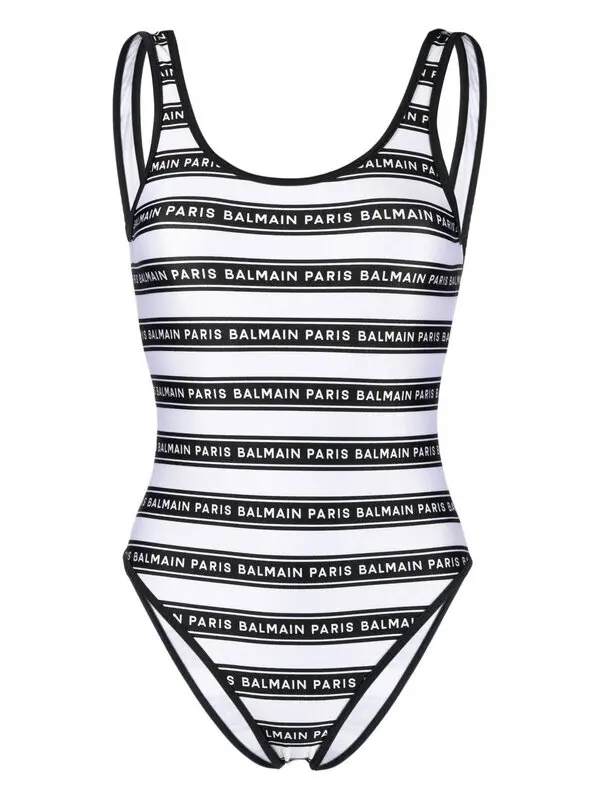 Balmain Striped Logo Swimsuit - White