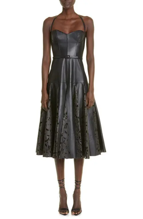 oscar de la renta leather dress Oscar De La Renta Ombre Button-Front Leather Midi Dress - Brown