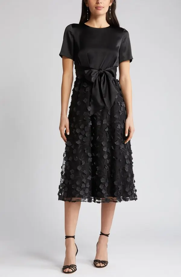 anne klein satin midi dress Anne Klein Floral Appliqué Tie Waist Satin Midi Dress - Anne Black