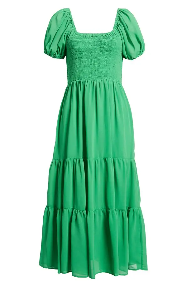 fitted dresses for weddings Puff Sleeve Embroidered Tiered Dress in White