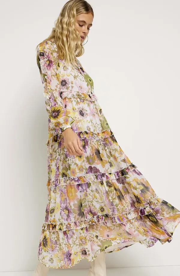River Island Freddie Floral Ruffle Long Sleeve Midi Dress In White - 56%  Off | Editorialist