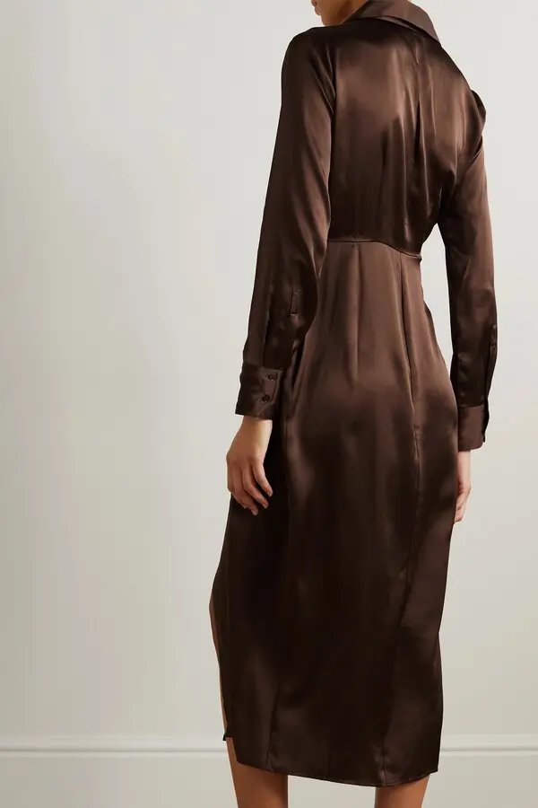 reformation lyon silk dress Reformation Lyon Silk-Satin Midi Shirt Dress In Brown - 30% Off