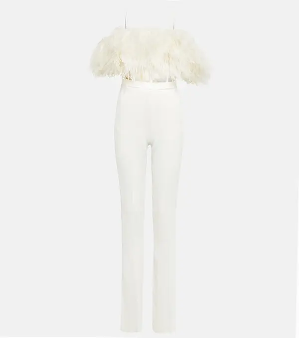 David Koma Feather-trimmed Cady Jumpsuit - White