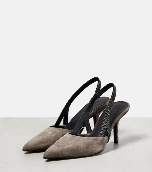 Brunello Cucinelli Embellished Suede Slingback Mules