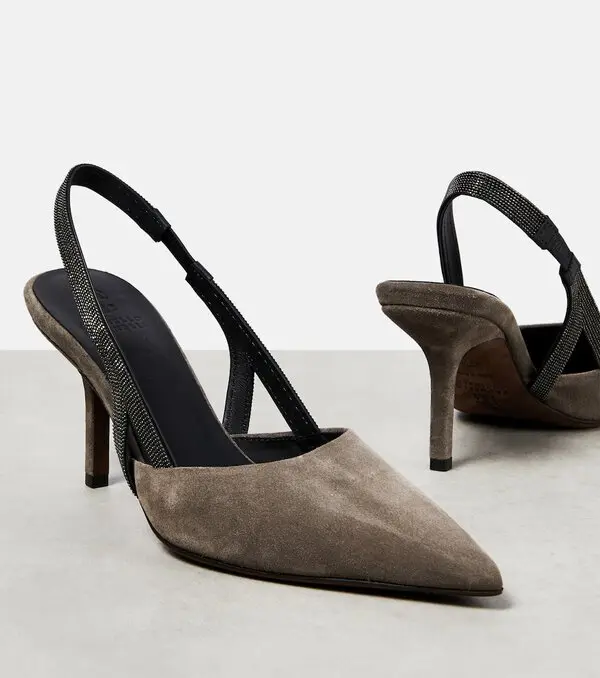 Brunello Cucinelli Embellished Suede Slingback Mules
