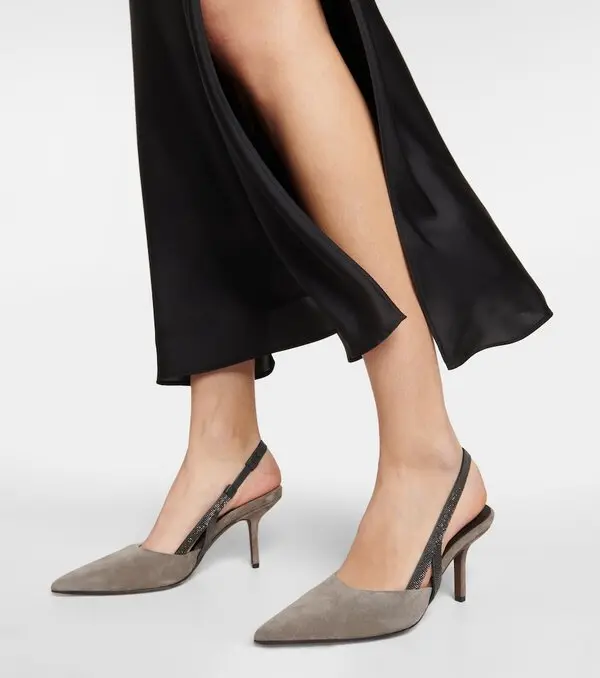 Brunello Cucinelli Embellished Suede Slingback Mules