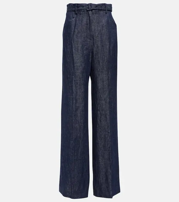 Gabriela Hearst Belted High-rise Wide-leg Linen Pants - Blue