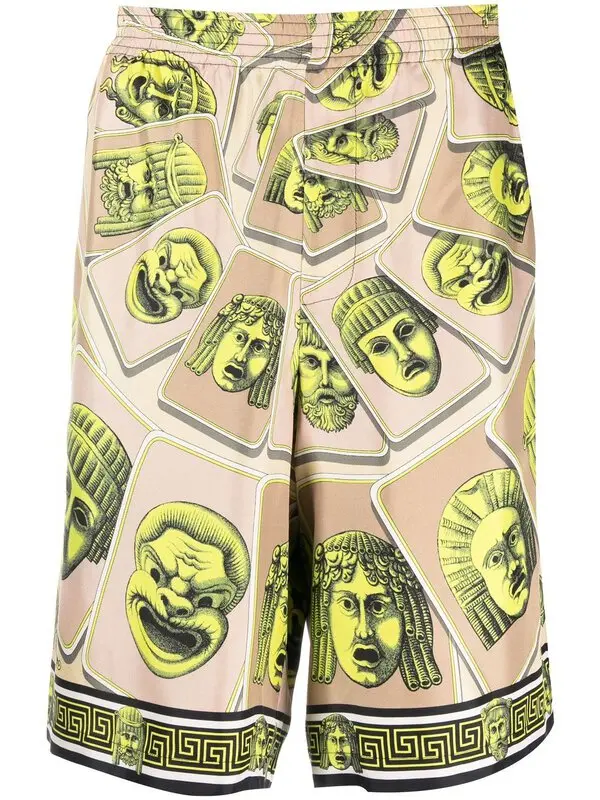 Versace Le Maschere Print Silk Shorts - Green